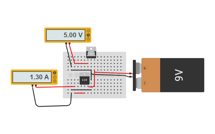 Circuit design DC 9v to 5v/3.3v volatage regulation - Tinkercad