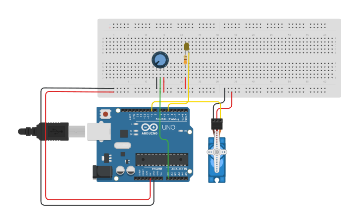 Circuit design Arduino Uno potentiometer, LED and a servo - Tinkercad Circuit design Arduino Uno potentiometer, LED and a servo - Tinkercad
