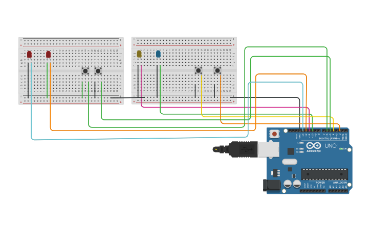 Circuit design 4 pull up 4 led | Tinkercad