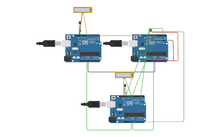 Circuit design Circuito com três arduinos | Tinkercad