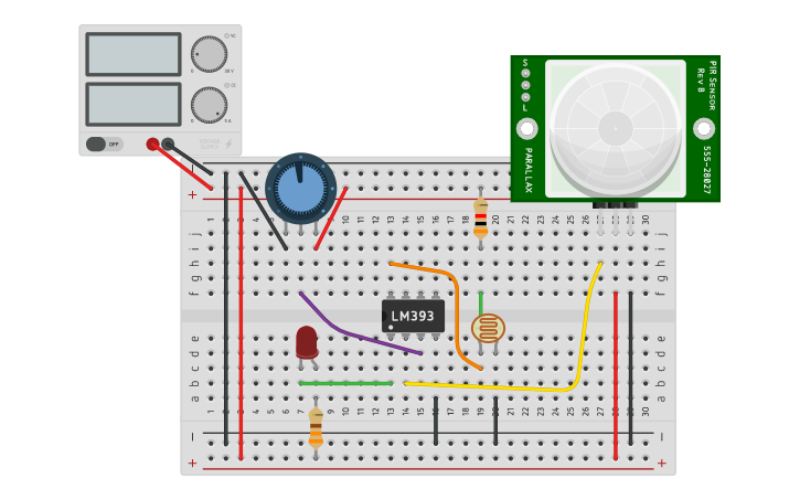 Circuit design Copy of LM393, PIR Sensor Y LDR - Tinkercad