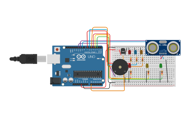 Circuit design lab ultasonico y sensor de temperatura - Tinkercad
