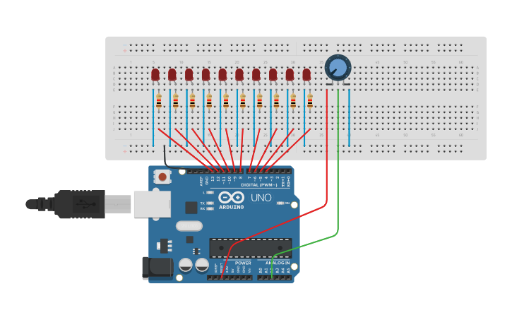 Circuit design Interactive LED Chase Effect | Tinkercad