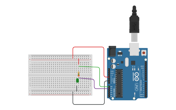 Circuit design arduino para medir tension en led y resistencia | Tinkercad