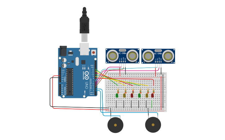 Circuit Design Practica 2 Sensor Ultrasonico Bocina Tinkercad