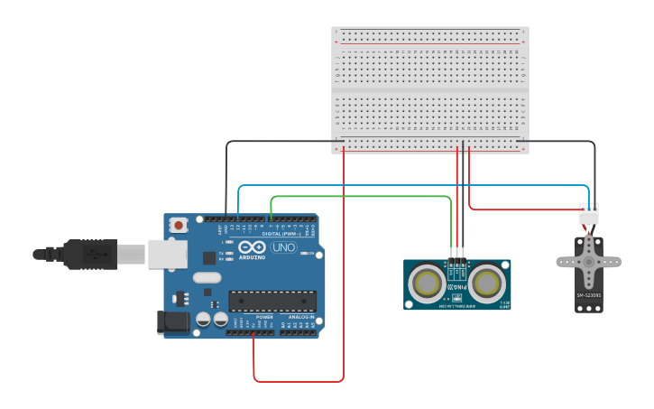 Circuit design Input Sensor Ultrasonic dan Output Motor Servo | Tinkercad
