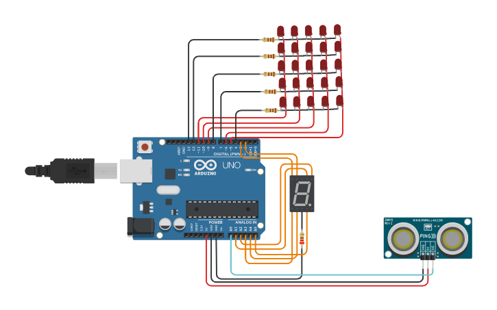 Circuit design 7seg + matrix + US | Tinkercad