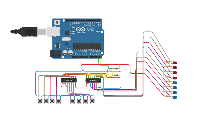 Circuit Design 16 Entradas Salidas Con 2 Pcf8574 Y Arduino Uno Tinkercad