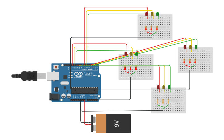 Circuit design 4 WAY ROAD TRAFFIC SIGNAL TKEC1 - Tinkercad