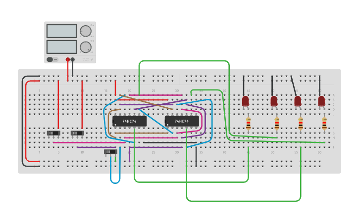 Circuit design lab9-qn2- 4-bit Serial in Parallel out Shift register - Tinkercad