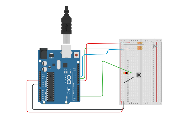 Circuit design Gui 7 led rgv pulsador 6b24 | Tinkercad
