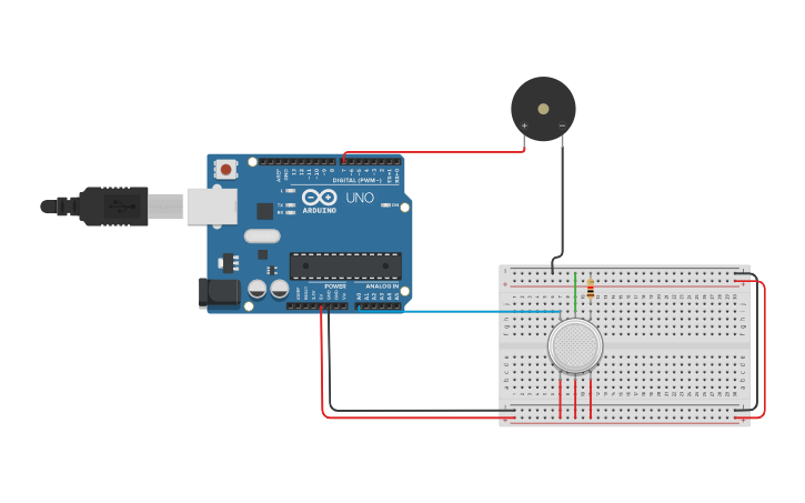 Circuit design FIRE ALARM SYSTEM - GAS SENSOR - Tinkercad