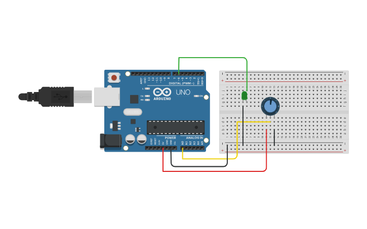 Circuit design Exercício 23 - Potenciômetro com LED | Tinkercad