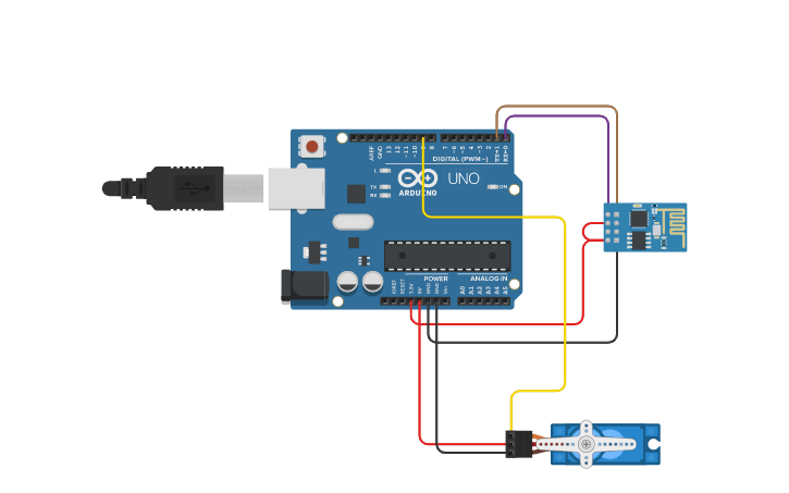 Circuit design Arduino UNO R3 + ESP8226+Servo - Tinkercad