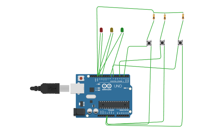 Circuit design 3 leds blink using 3 switchs - Tinkercad