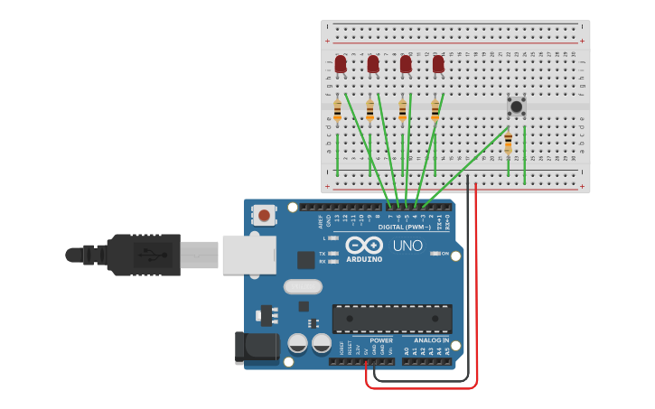 Circuit design push button and 4 led project - Tinkercad