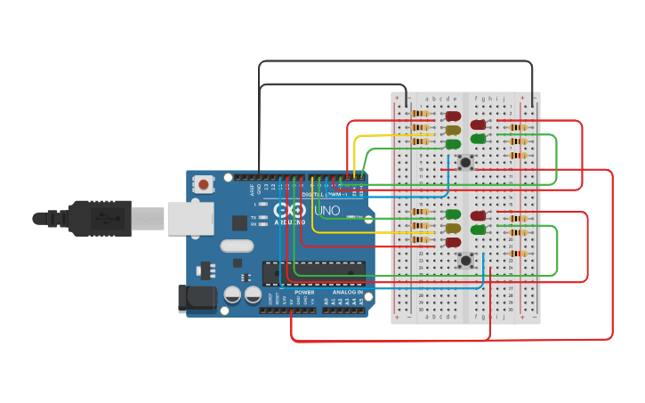 Circuit design TRAFFIC LIGHT AND PEDESTRIAN LIGHT - Tinkercad