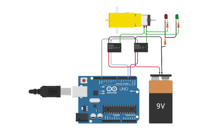Circuit design clase 14 puente H con rele - Tinkercad