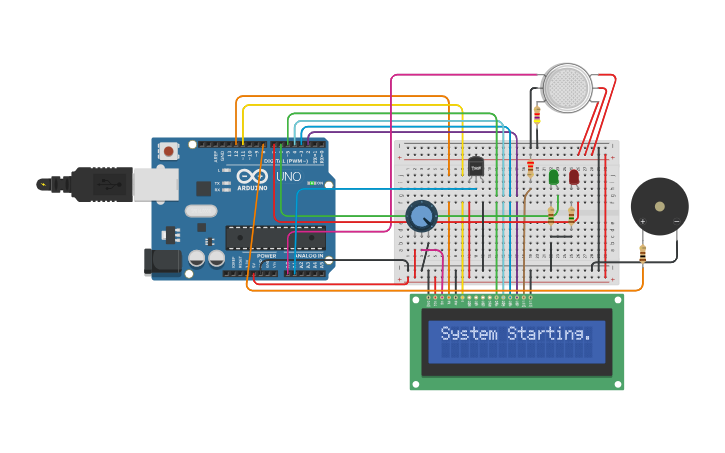 Circuit design lcd + gas sensor + LM35 using functions - Tinkercad