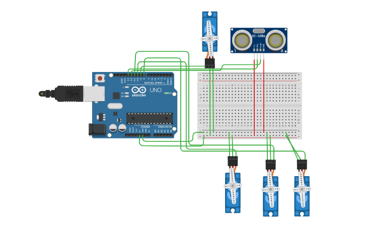 Circuit design Copy of ultrasonic with six servo - Tinkercad