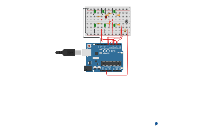 Circuit design dado con leds y un botón pulsador - Tinkercad