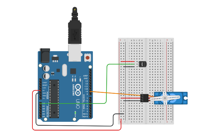 Circuit design Temperature controlled servo - Tinkercad