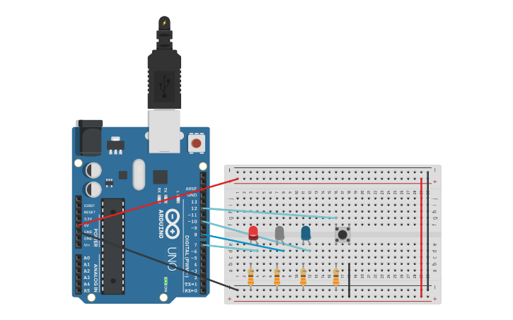 Circuit design Proyecto Tres Leds. | Tinkercad