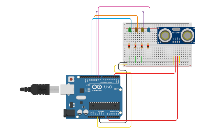 Circuit design Sensor Ultrasonic dan 4 LED - Tinkercad