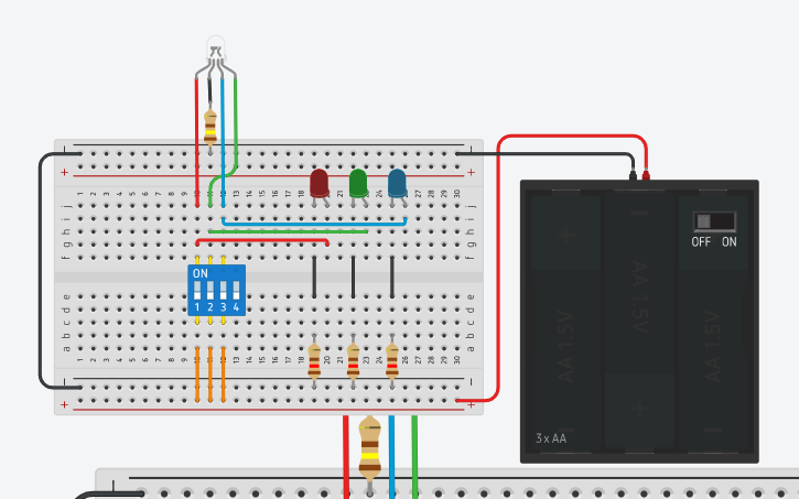 Circuit design Exercício 1b: LED RGB com interruptor DIP e 3 LEDs - Tinkercad