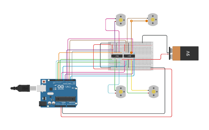 Circuit design 4 DC Motor control with 2 L293D Motor Drivers - Tinkercad