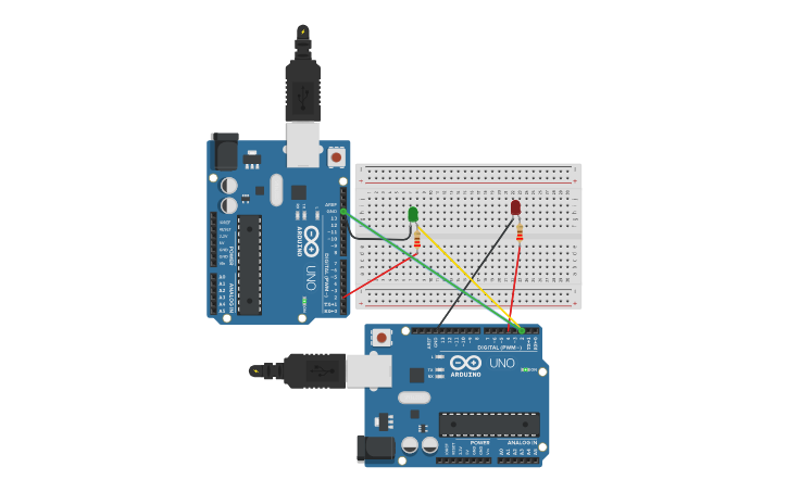Circuit design prueba comunicación Arduino con leds | Tinkercad