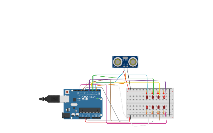 Circuit design Distance Status Using LEDs - Tinkercad Circuit design Distance Status Using LEDs - Tinkercad