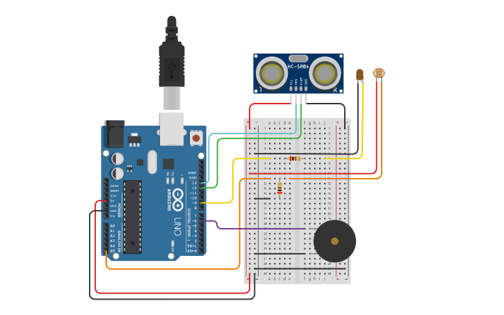 Circuit design sensor de luz + sensor de presença - Tinkercad Circuit design sensor de luz + sensor de presença - Tinkercad