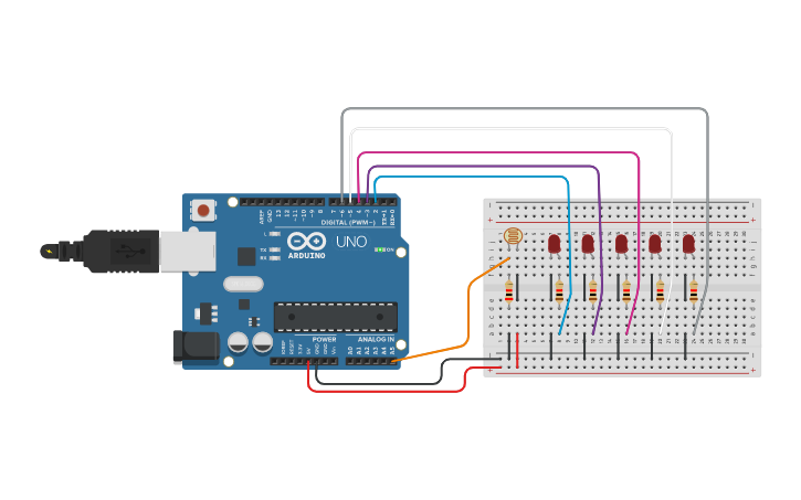 Circuit design ระบบเปิดปิดไฟอัตโนมัติตามเเสงสว่าง - Tinkercad