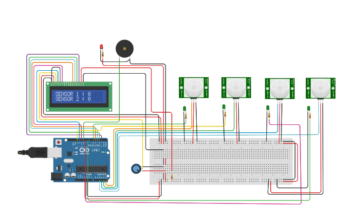 Circuit design 4PIR, LCD and Buzzer - Tinkercad
