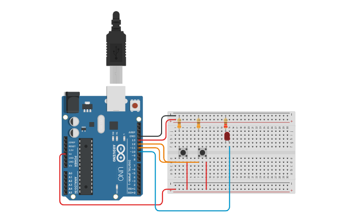 Circuit design Encender un LED con dos botones - Tinkercad