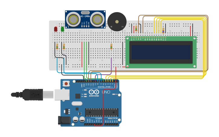 Circuit design Sensor de Distancia com LCD A - Tinkercad