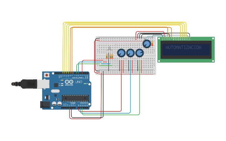 Circuit design ACTIVIDAD 5: LED RGB CON POTENCIOMETROS Y PANTALLA LCD - Tinkercad