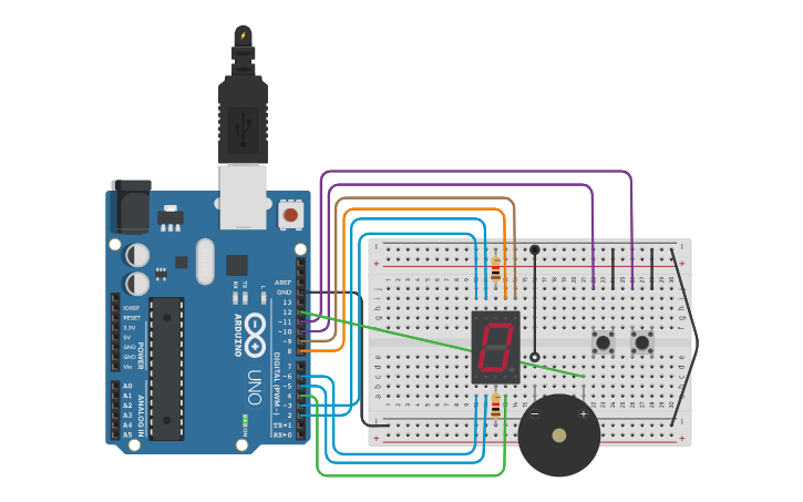 Circuit design 7 segments and updown button - Tinkercad