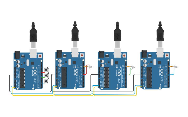 Circuit design Aula11- Desafio11- Protocolo I2R- 4 placas arduino | Tinkercad