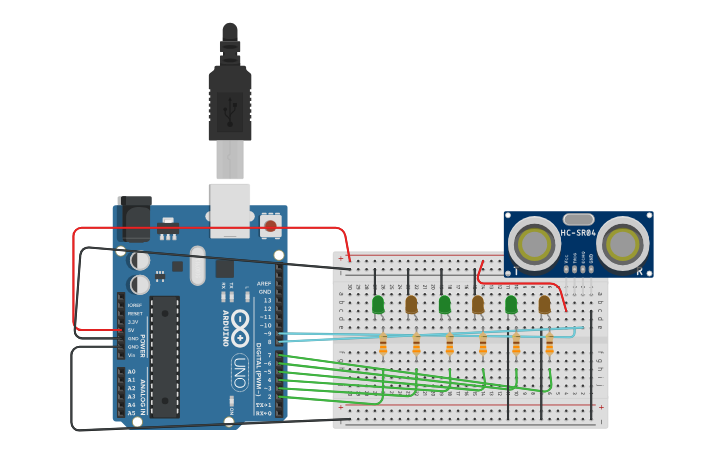 Circuit Design Sensor Ultrasonico Con 6 Leds Tinkercad