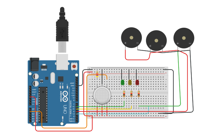 Circuit Design 2 Give Alert Buzzer And Led Using Gas Sensor Tinkercad