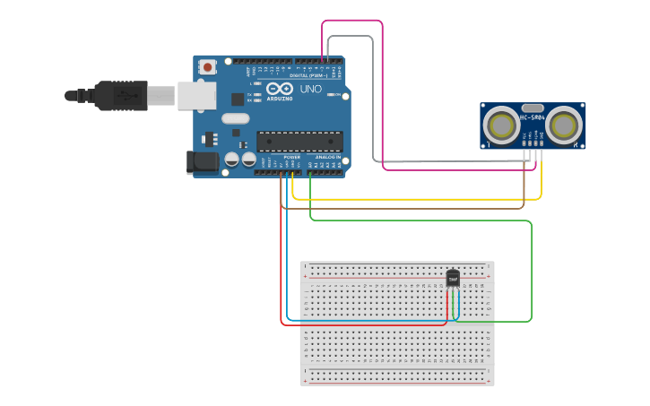 Circuit design SENSOR JARAK DAN SUHU - Tinkercad