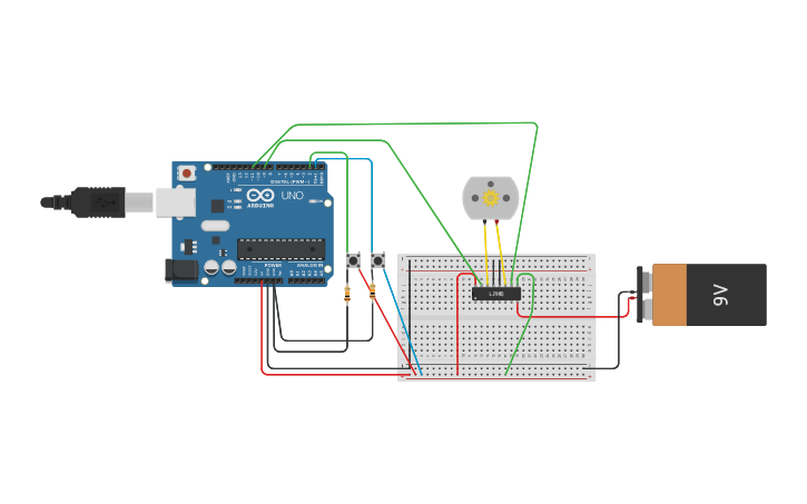 Circuit design DC motor 2 pushbutton - Tinkercad