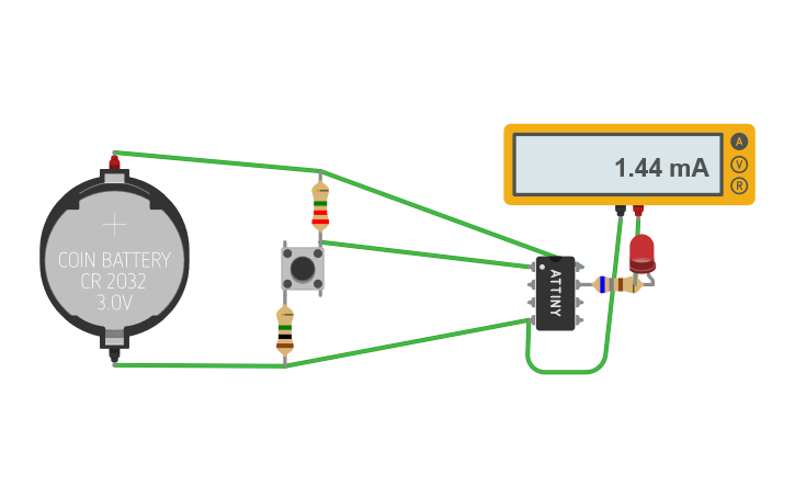 Circuit design 1 Button 1 LED ON-OFF Toggle | Tinkercad