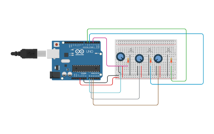 Circuit design potansiyometre ile led yakma 3lü - Tinkercad