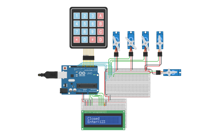 Circuit design Keyboard, LCD display + servos | Tinkercad