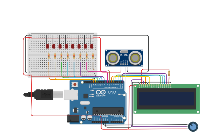 Circuit design LED-ULTRASONIC - Tinkercad