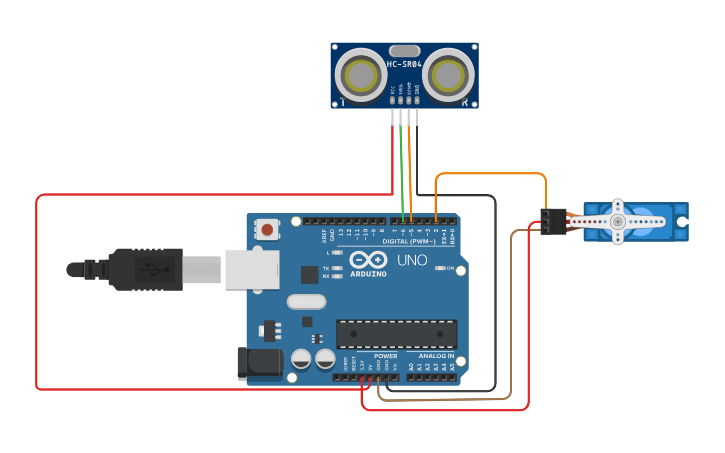 Circuit design SERVO AND ULTRASONIC SENSOR - Tinkercad