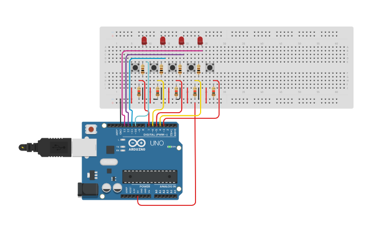Circuit design A_31/08_E2_Liga 4 led cada um com seu botao | Tinkercad